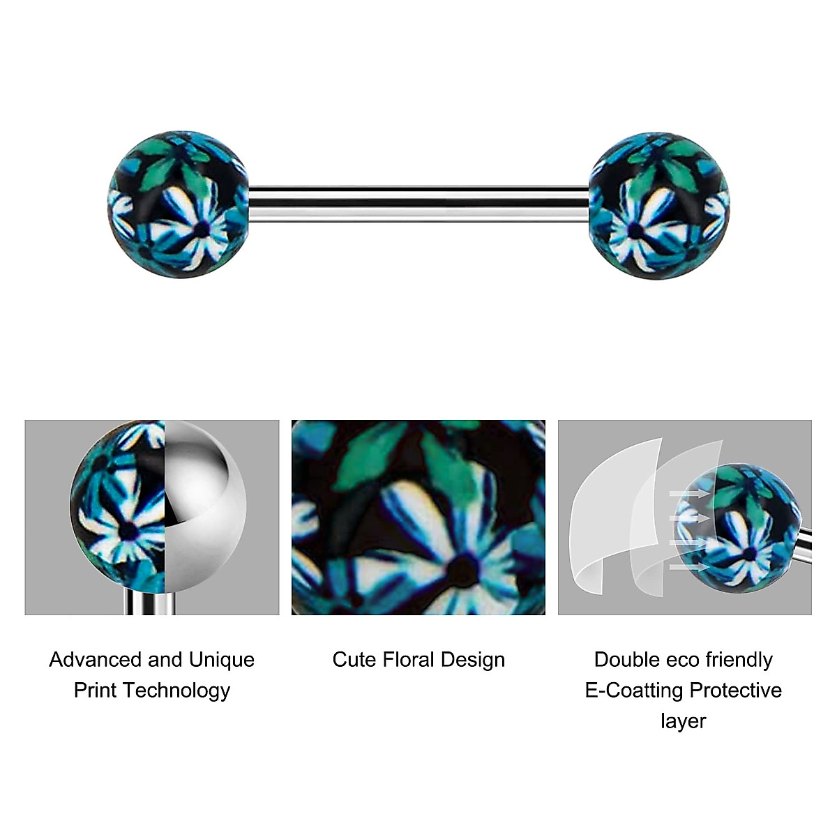 COCHARM Black Green Flower Tongue Rings 14g Unique Floral Tongue Barbells Pearl Tongue Bar Tongue Piercing Jewelry Hypoallergenic