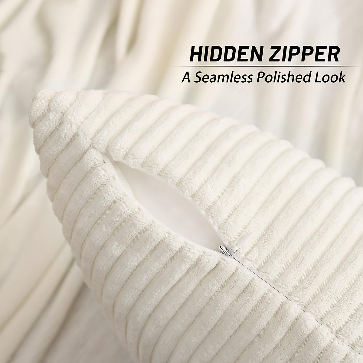 Mecatny Corduroy Throw Pillow Covers 18x18 Set of 2 - Striped Decorative Pillow Covers for Living Room, Bed - Soft Square Couch Pillow Covers for Sofa - Cream White