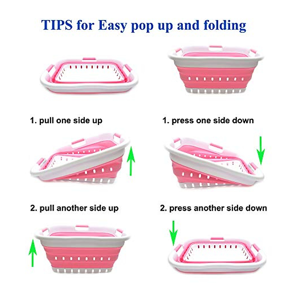 SAMMART 41L Collapsible 3 Handled Plastic Laundry Basket - Foldable Pop Up Storage Container/Organizer - Portable Washing Tub - Space Saving Hamper/Basket (3 handled rectangular, White/Pink)