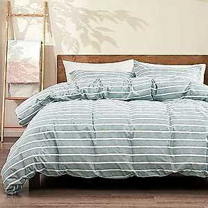 PHF Striped Duvet Cover Queen Size, Green Pre-Washed Soft Bedding Set for All Season, 1 Elegant Classic Striped Pattern Comforter Cover with 2 Pillowcases, 3PCS, 90" x 90"