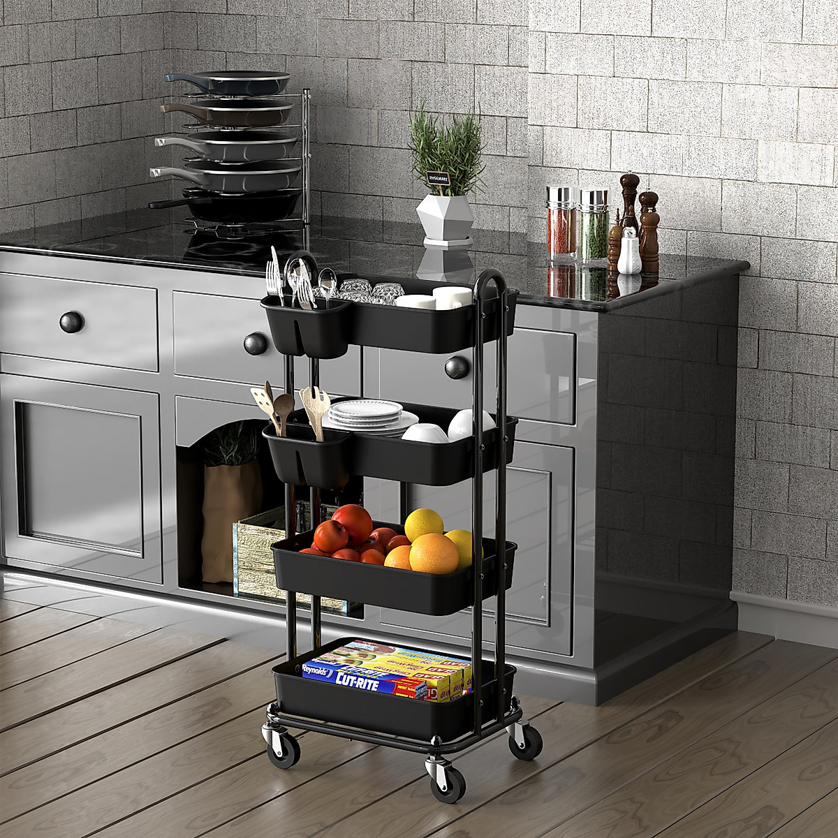 Simple Houseware 4-Tier Multifunctional Rolling Utility Cart with Hanging Buckets, Black