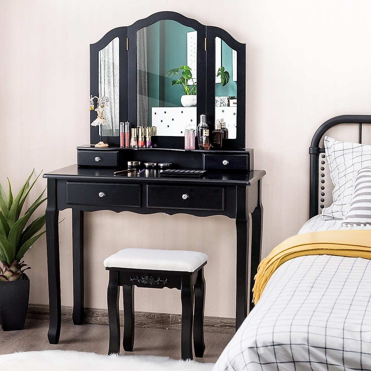 Giantex Vanity Set with Tri-Folding Mirror and 4 Drawers, Makeup Dressing Table with Cushioned Stool for Girls Women, Modern Bedroom Bathroom Makeup Table with Stool (Black)