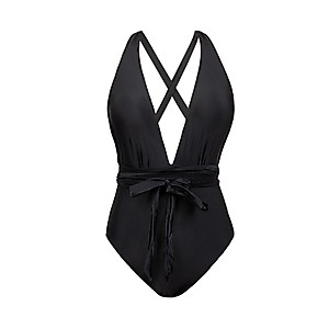 CUPSHE Women's One Piece Swimsuit Sexy Deep V Neck Black Tie Bathing Suit, XS