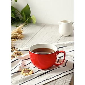 Cappuccino Cups, Red Porcelain Jumbo Coffee Mug Set of 4 Christmas Gift - 16 Ounce Cups with Handle for Hot or Cold Drinks like Cocoa, Milk, Tea or Water - Smooth Ceramic