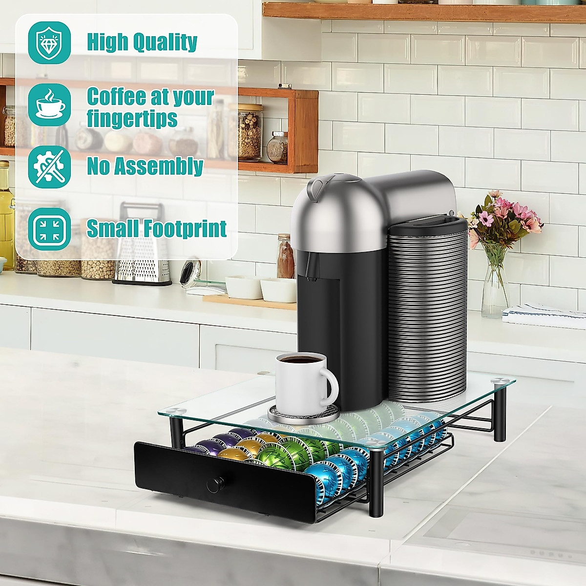 ROWISE Coffee Pod Drawers, Crystal Tempered Glass Pod Holder Drawer Compatible with Nespresso Capsules, Holds Up to 40 Capsules, Size 13"x14.7"x3.5"