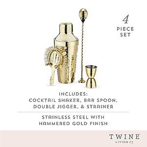 Twine Gold Hammered Barware Set, Stainless Steel Shaker, Jigger, Muddler, Bar Spoon, Hawthorne Strainer, Gold, Set of 4