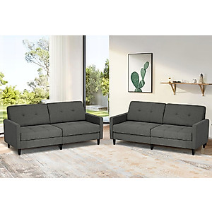 Lesofair 77" Linen Fabric Sofa Bed with Adjustable Backrests, Convertible Loveseat Sofa, Modern Sleeper Couch with Wooden Legs for Living Room, Bedroom, Dark Grey