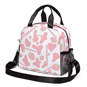 Fashion Insulation Strawberry Lunch Bag with Shoulder Strap Durable Pink Cow Print Lunch Box Waterproof Lunch Tote Bag with Pockets for Girl Women