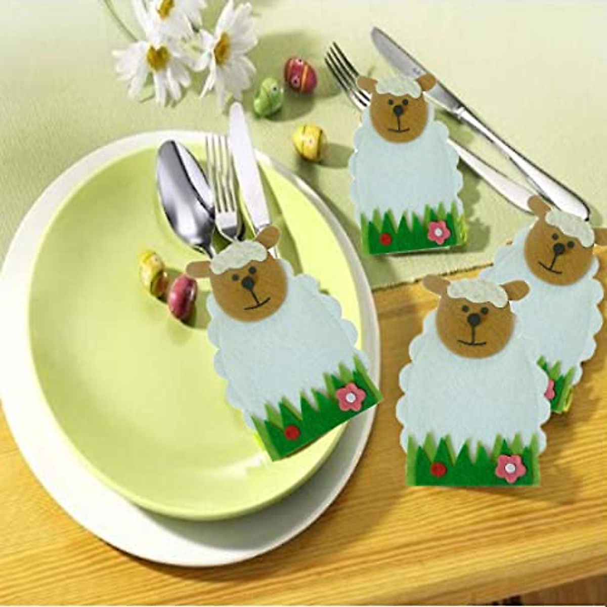 shamjina 4X Easter Sheep Cutlery Holder Bags Spoon Silverware Bags Table Decor