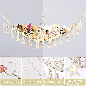 Large Stuffed Animal Hammock Net with LED Light, VeYocilk Boho Macrame Toy Net Hammock for Stuffed Animals Kids Nursery Bedroom Corner