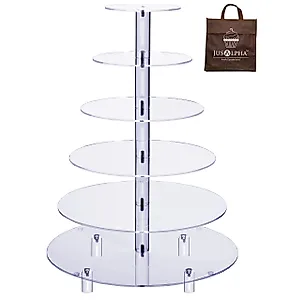 Jusalpha® Large 6-Tier Acrylic Glass Round Wedding Cake Stand- Cupcake Stand Tower/Dessert Stand- Pastry Serving Platter- Food Display Stand (Large with Rod Feet) (6RF)