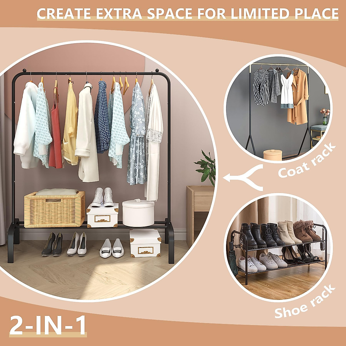 JIUYOTREE Metal Clothing Rack, 43.3 Inches Clothes Garment Coat Rack with Bottom Shelf, Clothing Rack for Hanging Clothes, Coats, Skirts, Shirts, Sweaters, Black