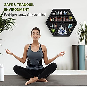 Unistyle Crystal Shelf Display Crescent Moon Shelf, Hexagon Crystal Holder for Stones, Essential Oils & Whichy Shelves Wood Crystal Wall Decor, Black Rustic Wooden Display for Boho Meditation Decor