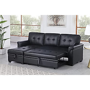 KELRIA L-Shape Reversible PU Leather Sleeper Sectional Sofa with Storage Chaise, Modern Corner Couch with Arms for Living Room, Home Furniture, Apartment, Dorm, Black