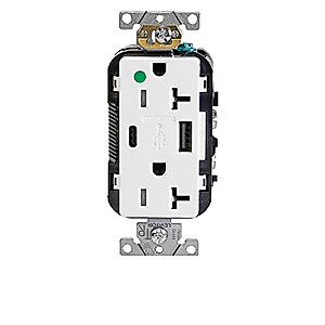 Leviton T5833-HGW Heavy-Duty Hospital Grade, Tamper Resistant, Type A-C USB Charger Receptacles, 20 Amp, White