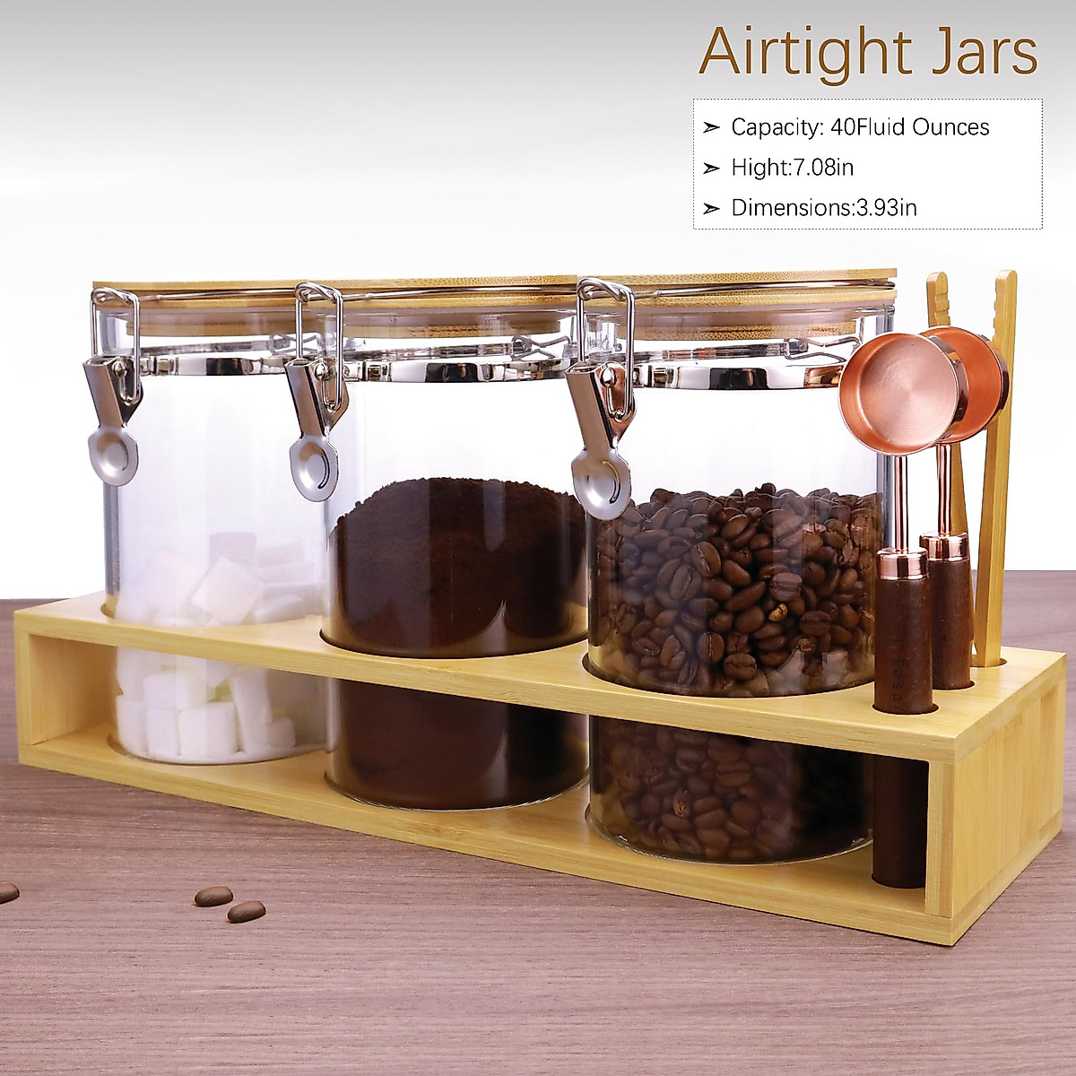 Matifaner Glass Coffee Storage Containers with Bamboo Shelf,Ground Coffee Holder Jars,Airtight Glass Countertop Storage Jar Canisters with Spoon for Coffee,Loose Tea,40 Fluid-oz,Pack of 3