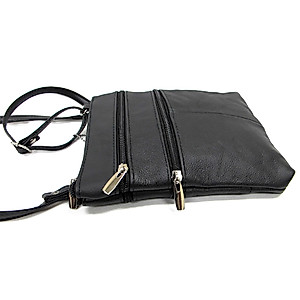 Lady's 5 Zipper Pocket 100% Leather Cross Body Slim Purse Paisley Lining- 5 Color (Black)