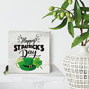 Happy St. Patrick’s Day Wood Box Sign Home Decor, Rustic Saint Patricks Day Wooden Box Sign Block Plaque for Wall Tabletop Desk Decoration