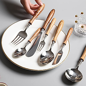 Soup Spoons, 4 pieces 18/8 Stainless Steel Round Spoons Dinner Spoons with Wood Handle, Flatware Silverware Eating Utensils Table Spoons for Home Kitchen, Mirror Polish, 7.28-Inch