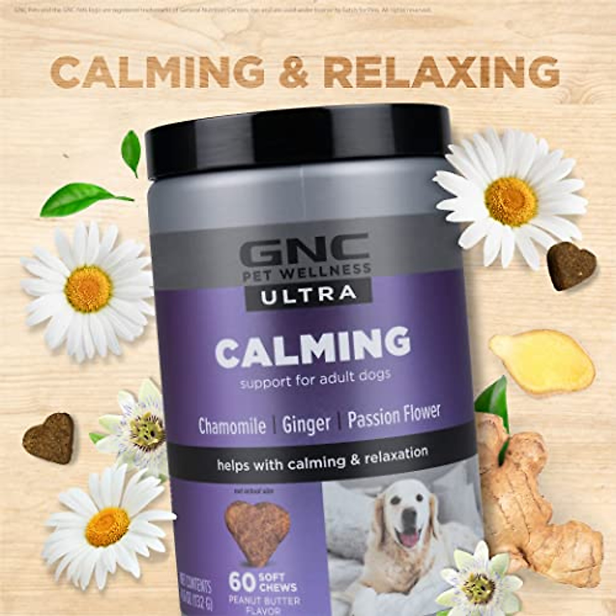 GNC Pets Ultra Calming Soft Chews, All Dogs, Peanut Butter Flavor. 15-oz Canister | Calming Dog Supplements | Calming Chews for Dogs in Peanut Butter Flavor, 60 Count