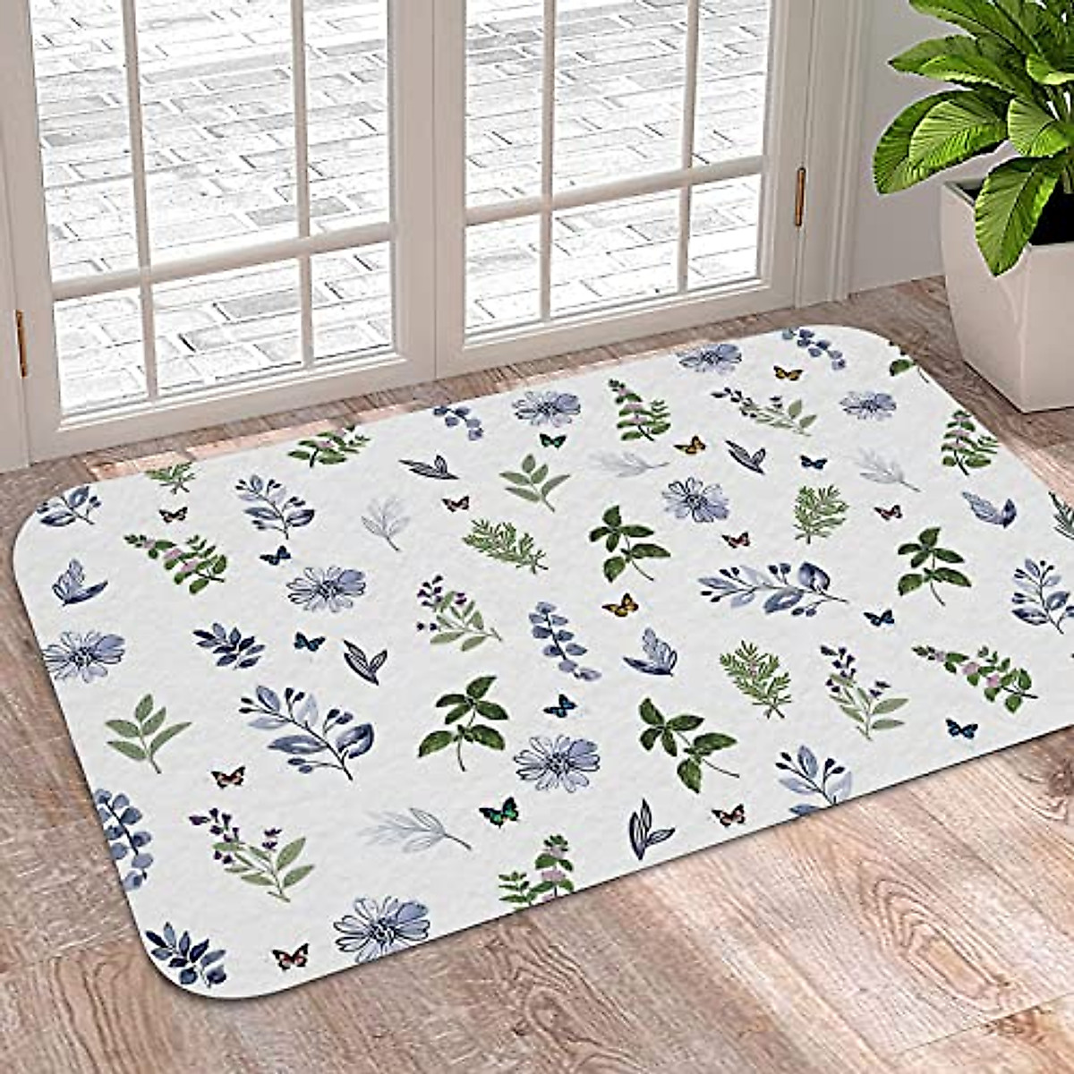 Welcome Doormat Green Leaf Flowers Butterfly White,Rubber Backing Kitchen Carpet Pastoral Botanical,Durable Washable Entry Rugs for Bedroom Dining Room Front Door Decor 16x24In