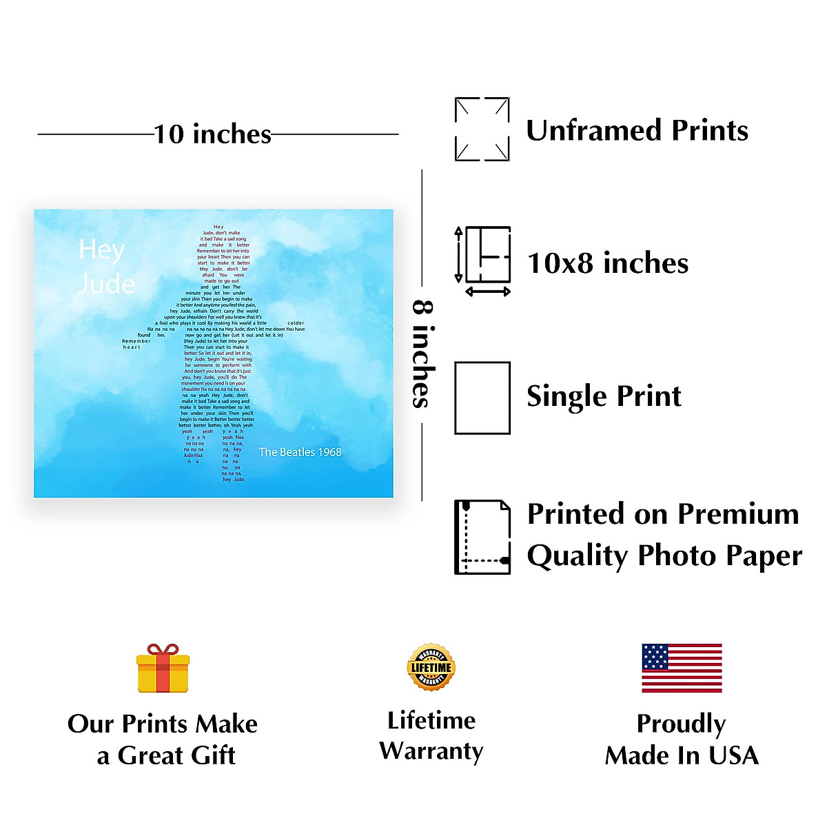 Hey Jude - Beatles Vintage Decor Lyrics Wall Art, This Retro Wall Decor Music Poster Print, is Great For Home Decor, Bedroom Decor, Office Decor, or Man Cave Room Decor Aesthetic, Unframed - 10x8