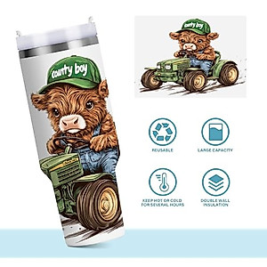 RPLIFE Cute Highland Cow White Stainless Steel Mug, Insulated Coffee Mug with Lid, Tumbler for Men