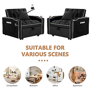 Setawix Convertible Chair Bed Sleeper, Tufted Velvet Pull Out Sleeper Chair with USB Ports & Phone Holder, Adjustable Armchair with Cup Holder Single Sofa Chair for Living Room Bedroom, Black
