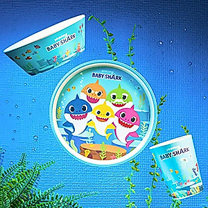 Zak Designs Baby Shark Dinnerware Set for Kids Includes 8" Plate, 6" Bowl, and 10oz Tumbler, Durable and Sustainable Melamine Bamboo Material (3-Piece Set)