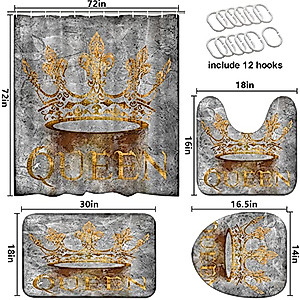 DuoBaorom 4 Pieces Set Queen Shower Curtain Set Abstract Golden Crown with Letter Queen Grey Artwork on Non-Slip Rugs Toilet Lid Cover Bath Mat and Bathroom Curtain with 12 Hooks 72x72inch