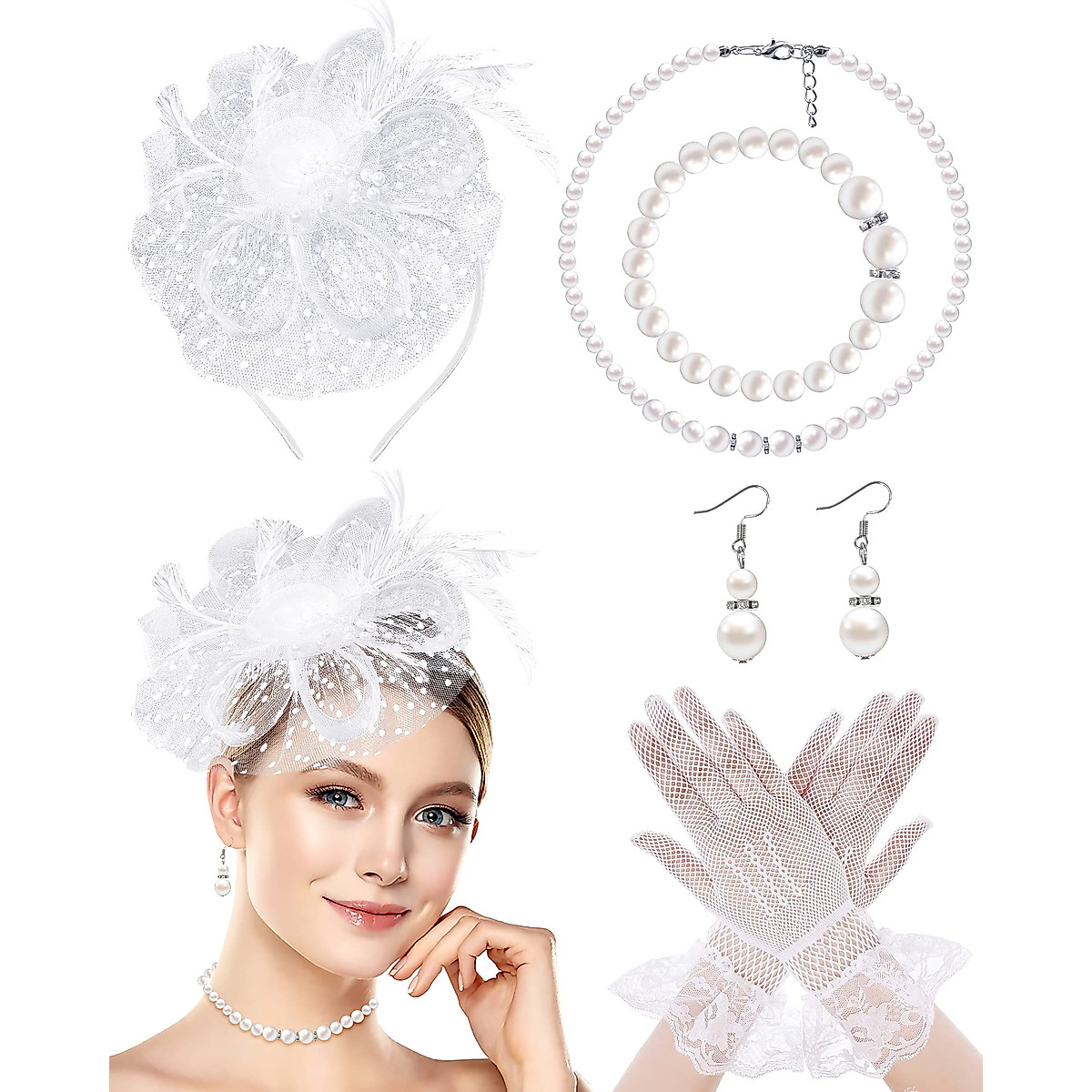 1920s White Fascinators Hat Set for Women Tea Party Headband Lace Gloves Pearl Jewelry Set Cocktail Tea Party Banquet Wedding Halloween Retro Tiara