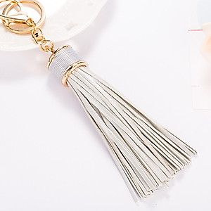 ZOONAI Women Leather Tassels Keychain Car Circle Key Rings Gift Bag Hanging Buckle (Silver)