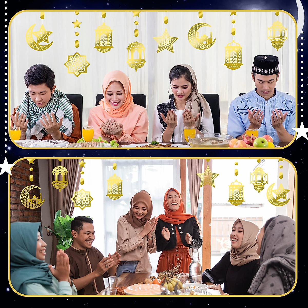 24 Pcs Ramadan Garland Eid Decoration Streamer Ramadan Mubarak Party Banner Star Moon Lantern Streamer Backdrop Shining Hanging Wall Decorations for Home Wedding Birthday Islam Party Decor (Gold)