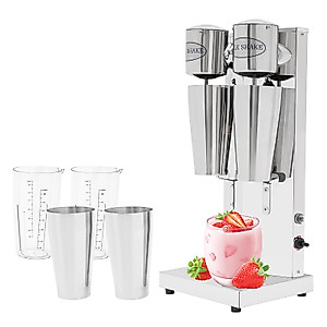 VPABES Electric Milkshake Maker, Commercial Stainless Steel Milk Shake Machine Drink Mixer Adjustable Speed Malt Maker Machine Smoothie Milk Foam Tea Mixer Blender + Cups (2 Head)