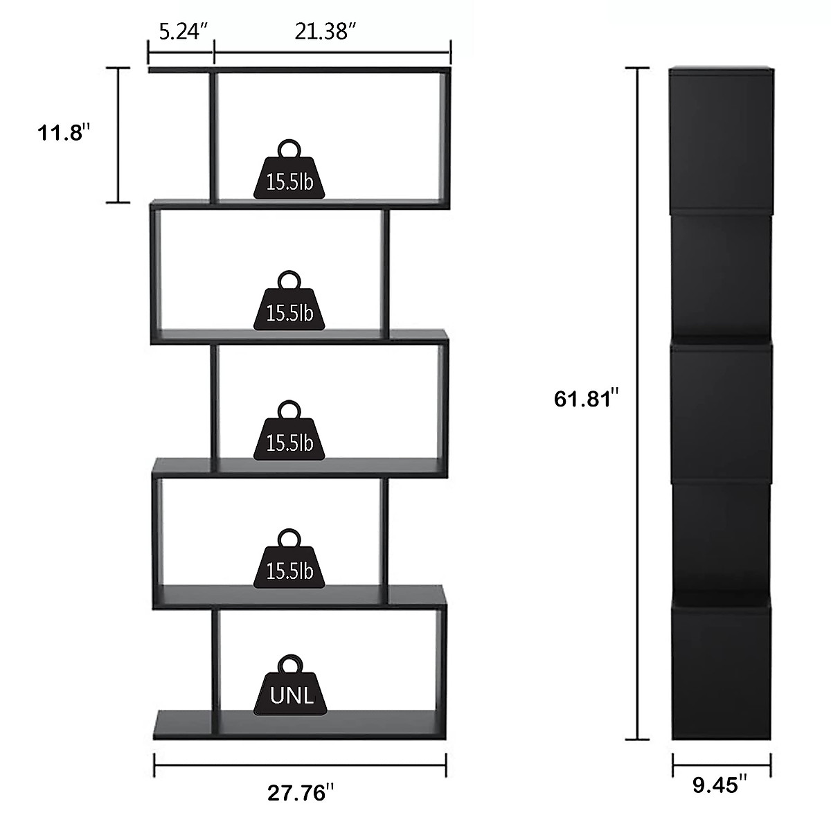 Yusong Bookshelf 5-Tier, Geometric Bookcase S Shaped Book Shelves and 3 Tier End Table, Tall Side Table with Storage Cabinets,Black