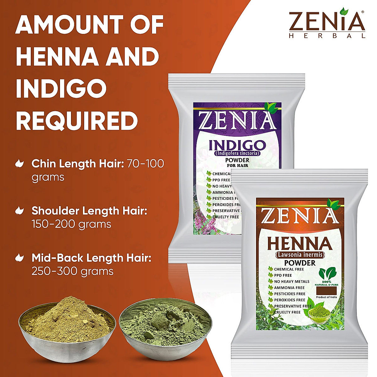 Zenia 100% Pure Indigo Powder and Henna Powder Hair Color Combo Kit | for Coloring Hair and Beard Black | 100 Grams Each | All Natural, Chemical Free, PPD-free, Ammonia-free