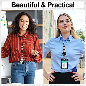 ID Badge Holder with Lanyard Teacher Cute Badge Holders with Wooden Beaded Adjustable Neck Lanyards Keychain for Women Kids Nurses Doctors Student