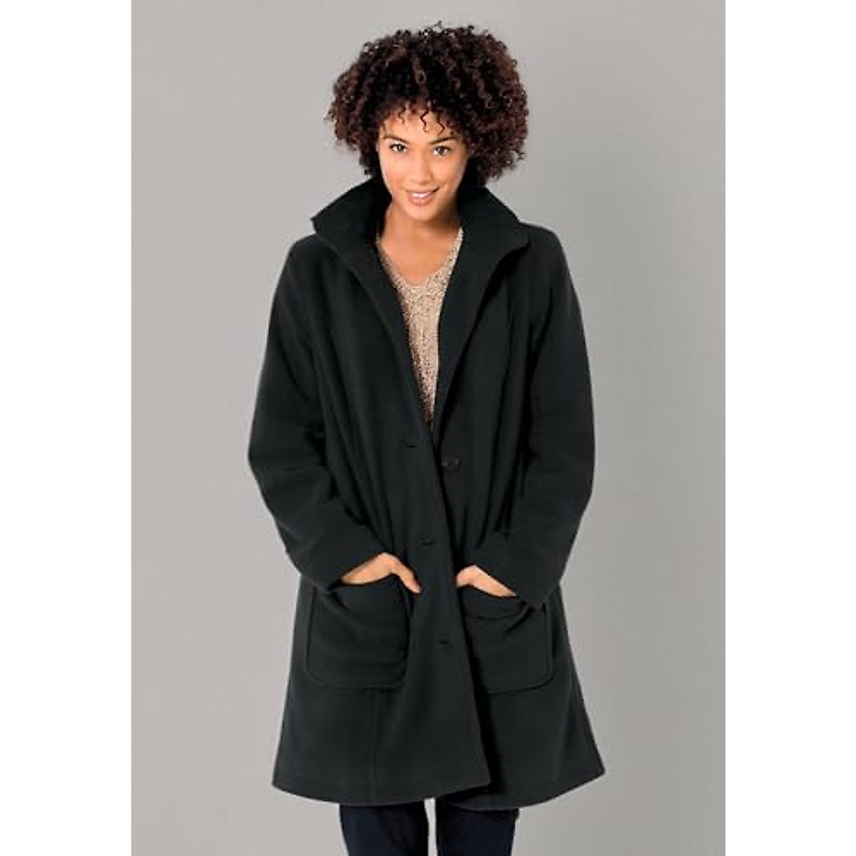 Woman Within Women's Plus Size Hooded A-Line Fleece Coat - 26 W, Black