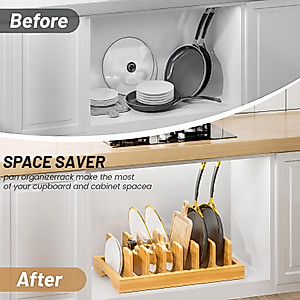 Kiasthome Bamboo Pot and Pan Organizer, Pot Lid Organizer Holder Rack for Countertop Drawer, Kitchen Cabinet Organizer with 7 Adjustable Dividers for Pots, Pans, Baking Sheets, Cutting Boards, Nature