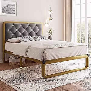 iPormis Twin Size Metal Bed Frame with Velvet Button Tufted Headboard, Curved Platform Bed Frame, Thicker Metal Steel Slats Support, 12'' Under-Bed Space, Noise-Free, Easy Assembly, Gold & Grey