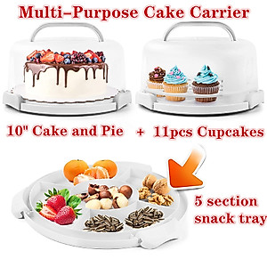 HOYA PONYOO Portable Cake Carrier with Handle, Round Cupcake Holder with Lid, Plastic Storage Container Box fit 10 inch Cake, 3-Locking Muffin and Pies Keeper with Cover (White)