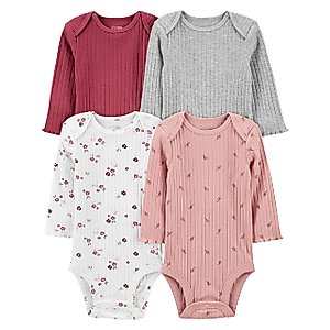 Simple Joys By Carter's Unisex Baby 4-pack Long-sleeve Pointelle Bodysuits Bodystocking, Dusty Pink/Grey/Light Burgundy/White Floral, 3-6 Months US