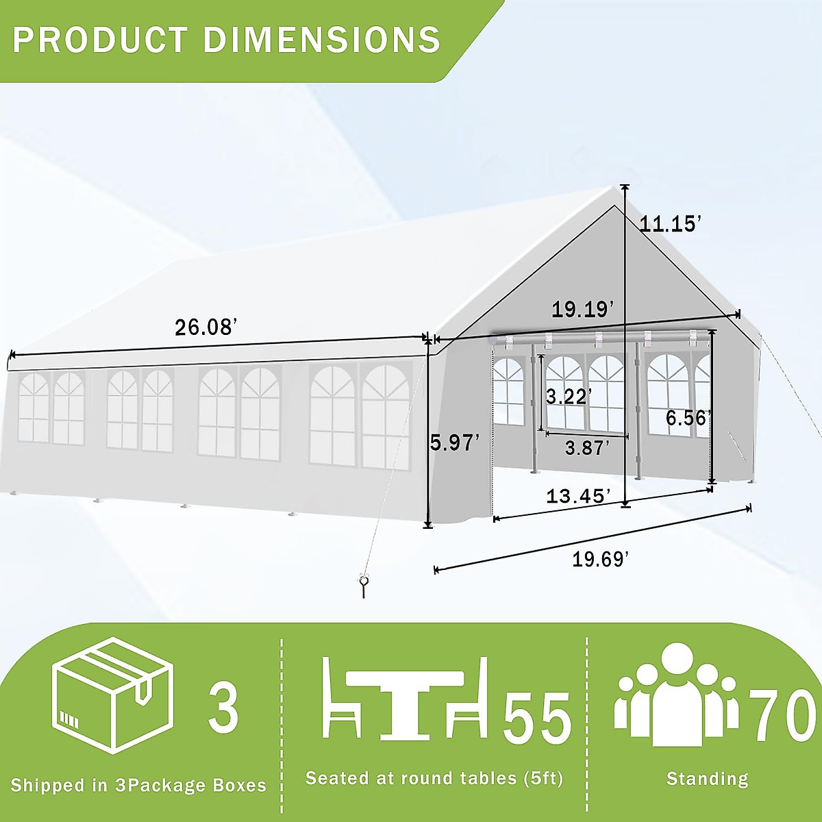 ECOLINEAR Carport, 20'x26' Heavy Duty Carport, Party Tent with Roll-up Ventilated Windows, Removable Sidewalls & Doors, Car Port Canopy Tent with All-Season Tarp for Car, Truck, Party, White