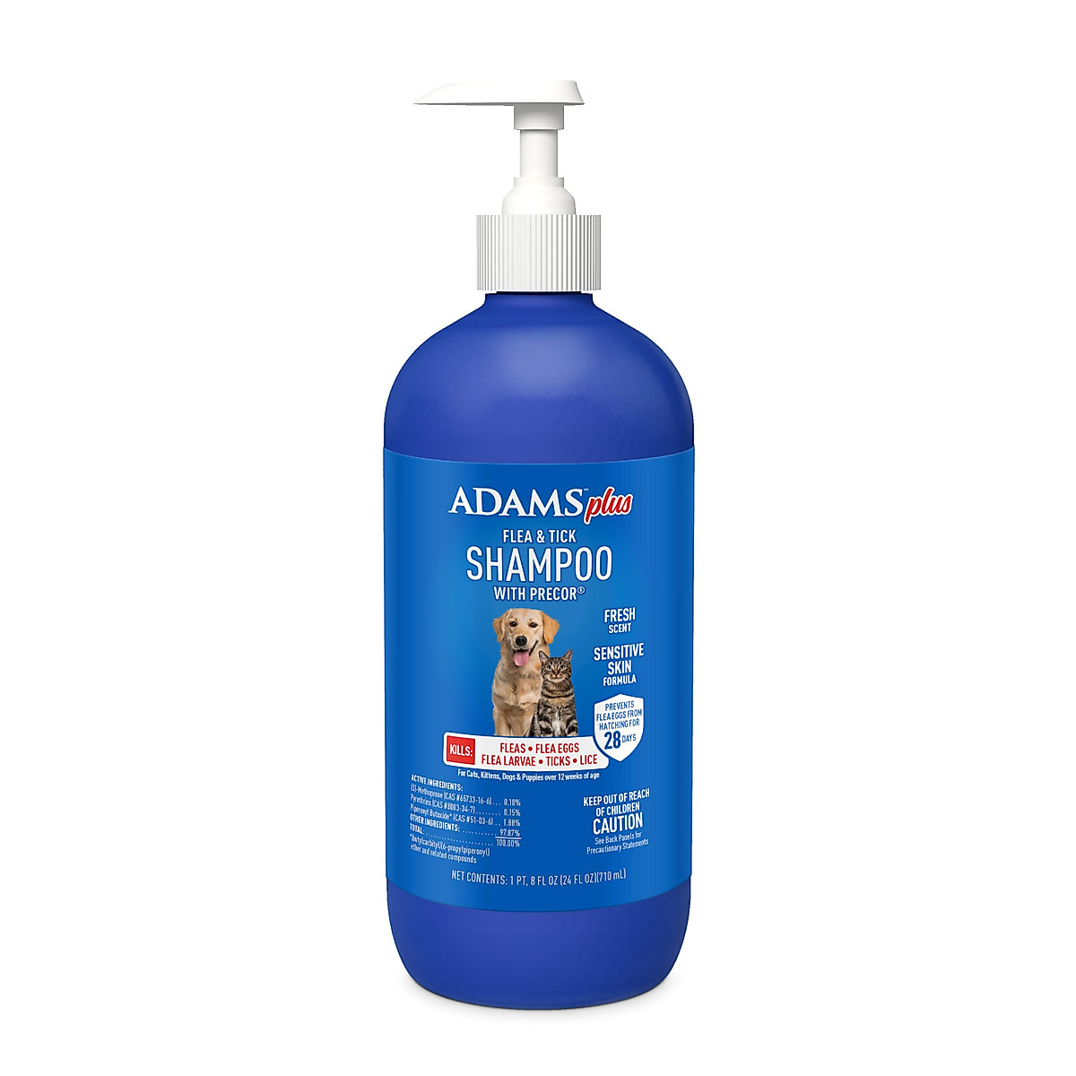 Adams Plus Flea & Tick Shampoo with Precor for Cats, Kittens, Dogs & Puppies Over 12 Weeks Of Age |Sensitive Skin Flea Treatment |Kills Adult Fleas, Flea Eggs, Ticks, and Lice |24 Oz, Pump Included