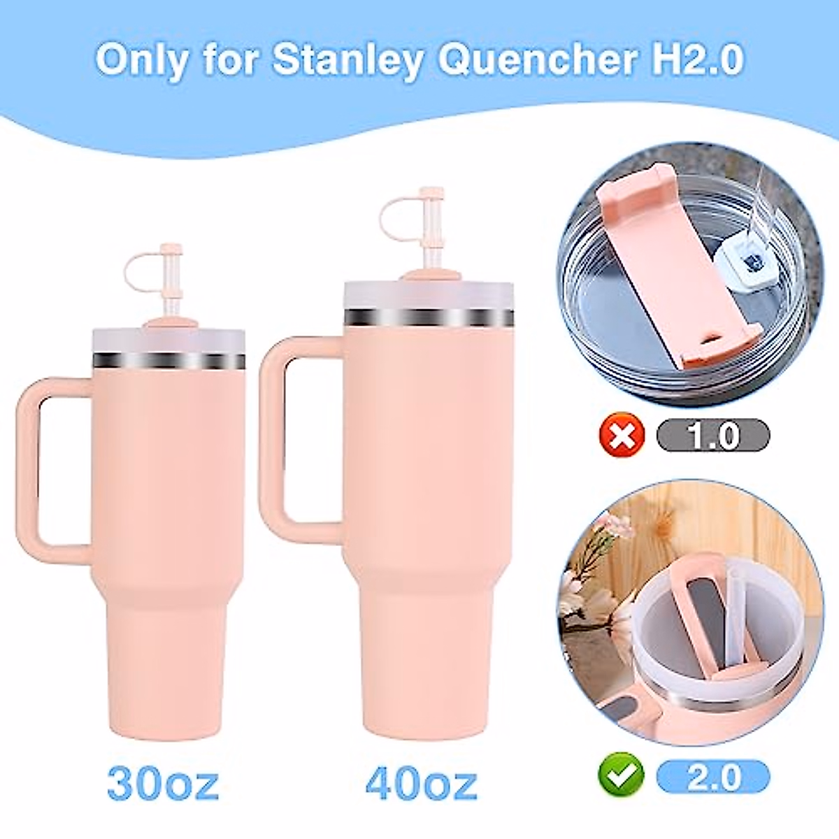 BGAANM Silicone Spill Proof Stopper Set Compatible with Stanley Quencher H2.0 FlowState Tumbler 40oz/ 30oz, Accessories Include 2 Straw Cover Cap, 2 Square Spill Stopper, 2 Round Leak Stopper (Pink)