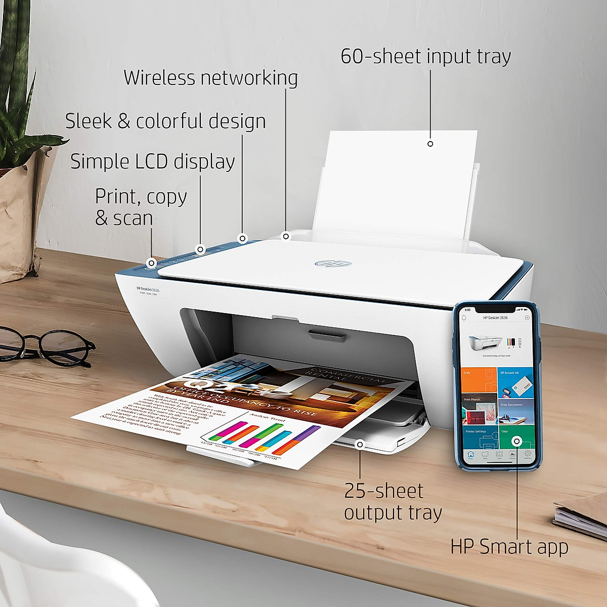 HP DeskJet 2636 Wireless All-in-One Color Inkjet Printer, Copy & Scan with HP Smart App, Blue (Renewed)