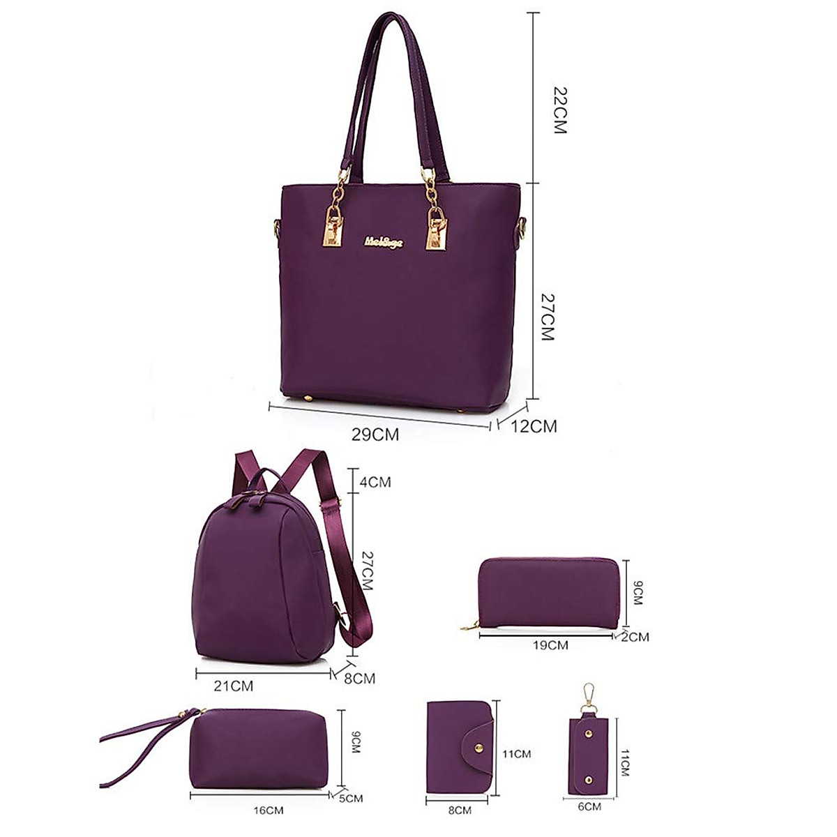 Women Handbag Purse Backpack 6PCS Set Waterproof Shoulder Bag Top-Handle Handbag Tote Purse Wallet Key Case Set Black