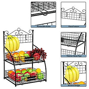 2-Tier Fruit Basket for Kitchen, Bananas Hanger Hook Holder &Countertop Tiered Fruit and Vegetable Storage Bowl Stand, Detachable, Easy to Assemble, Large Capacity for Home Kitchen Organizer-Black