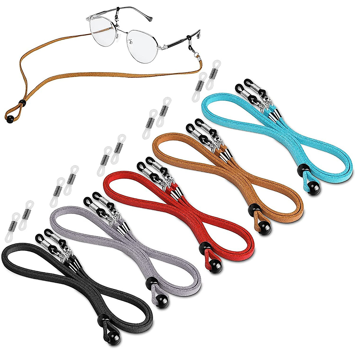 HMLFTIE 5pcs Eyeglass Strap Women Men Adjustable Anti Slip Leather Eyewear Retainers Sunglasses and Reading Eyeglass Lanyard (Black Red Brown Grey Blue)