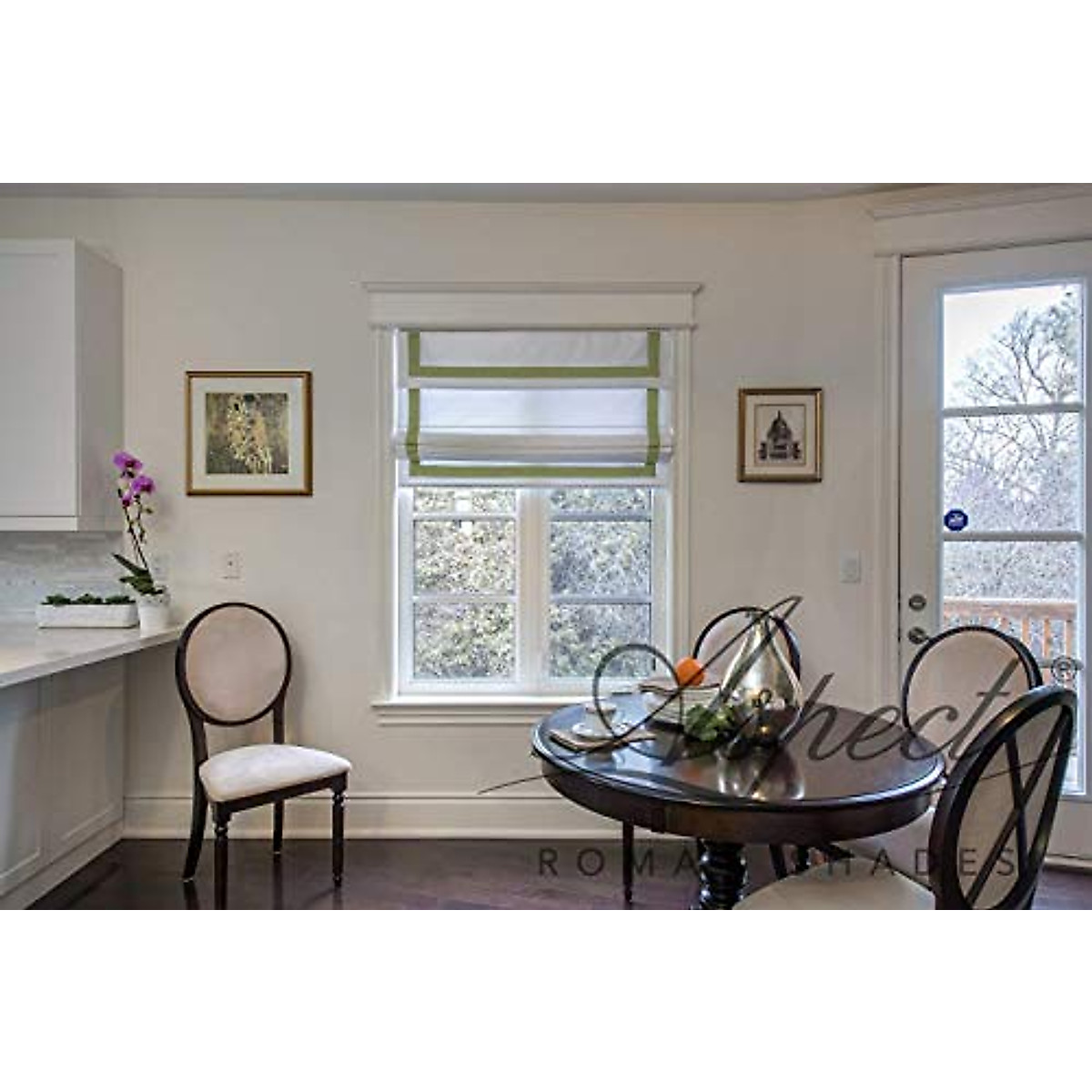 LOGANOVA Flat Roman Shade Chevalle Pine. Three sides light green border on white background. Includes valance and chain mechanism. Custom made.